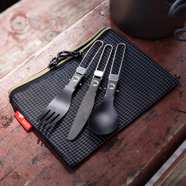 Explorer Bear Black Titanium Folding Utensil Combo (Spoon, Fork, Knife