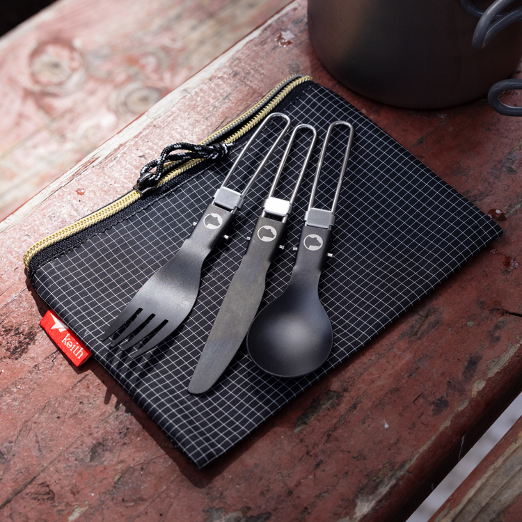 Explorer Bear Black Titanium Folding Utensil Combo (Spoon, Fork, Knife